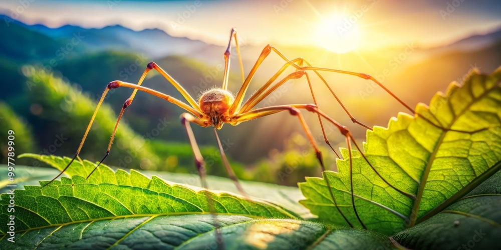 A majestic giant daddy longlegs spider gracefully crawls on a leaf ...