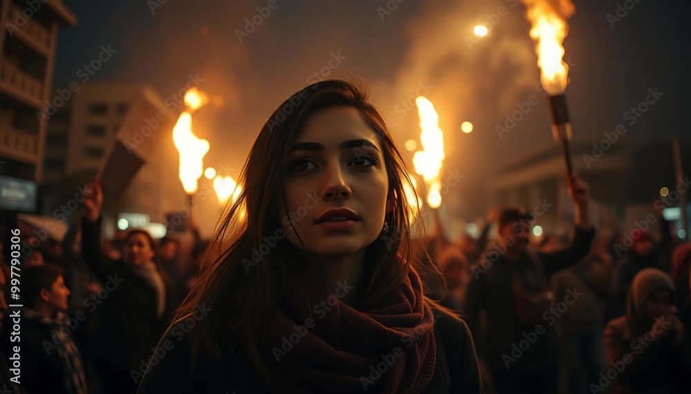 dark aesthetic photo, an Iranian girl amidst a chaotic street protest ...