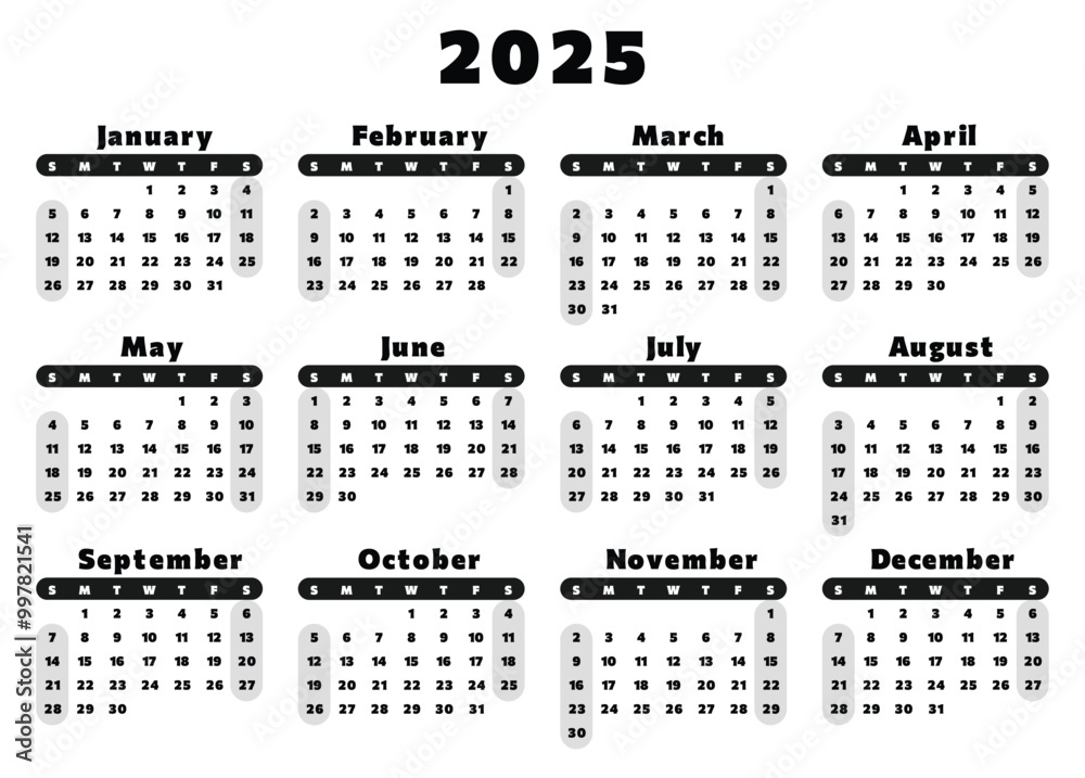 2025 year english vector calendar with 12 months black colors Stock ...