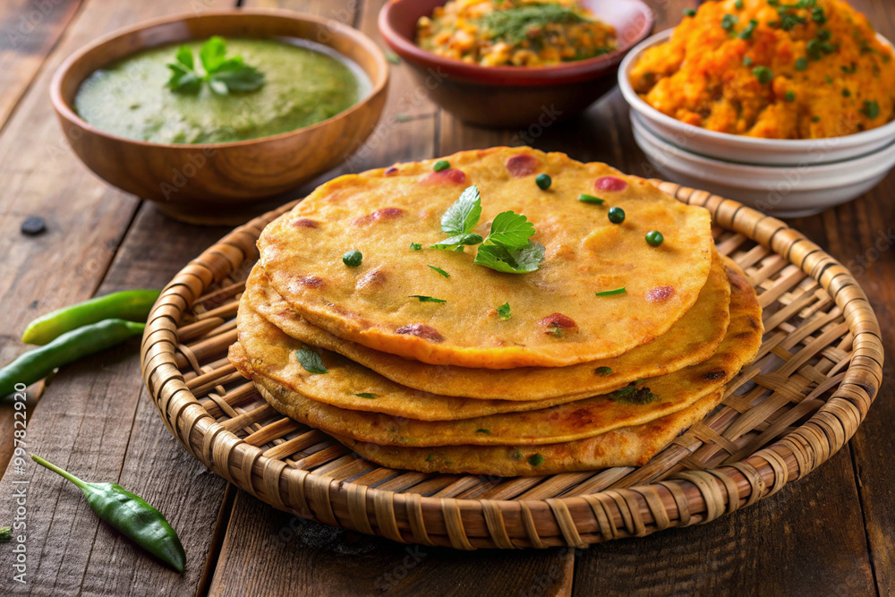 Delicious makki ki roti served in woven basket, accompanied by vibrant ...
