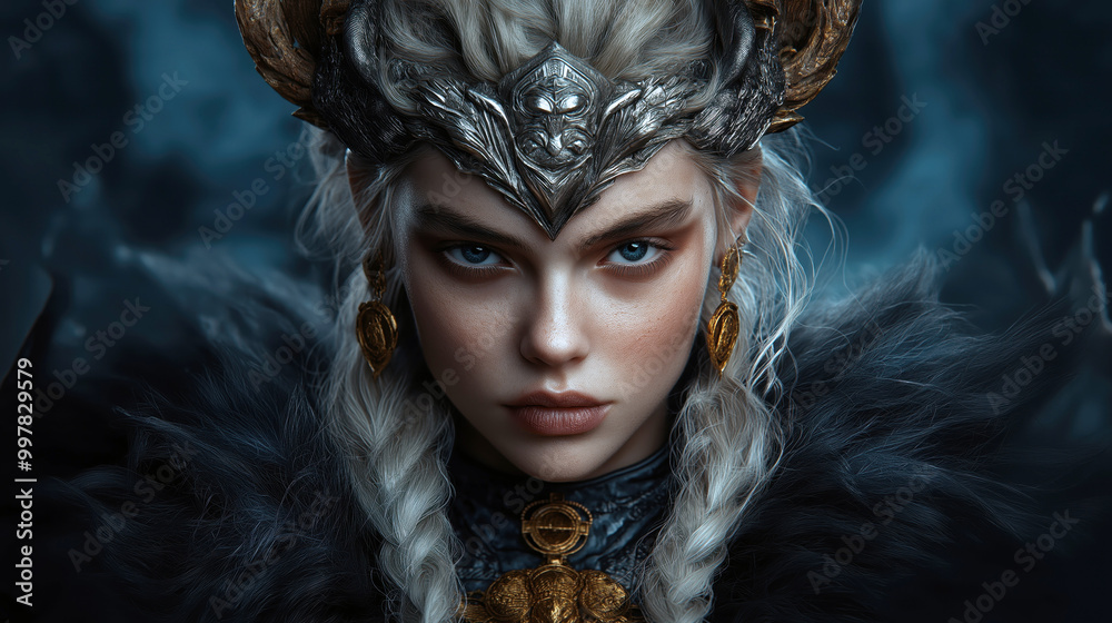 Fierce Ice Queen Warrior with Braided Hair and Ornate Crown in a Dark ...