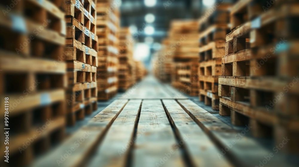 Long narrow aisle warehouse rows wooden pallets either The empty table ...