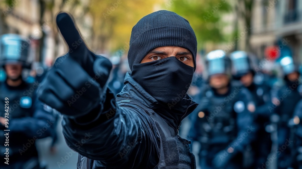 Man wearing black balaclava jacket standing front line A private law ...