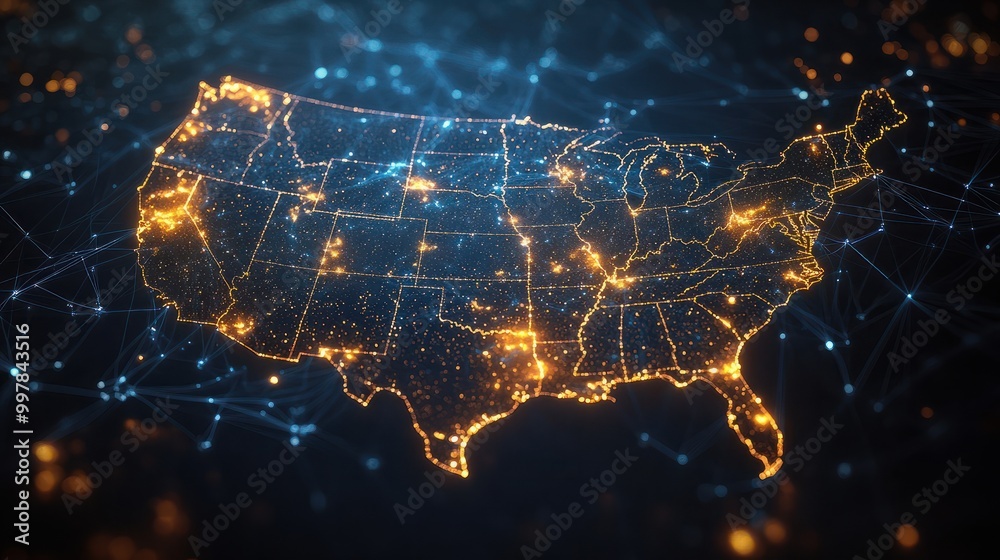 The United States map, depicted as a glowing network on a dark ...