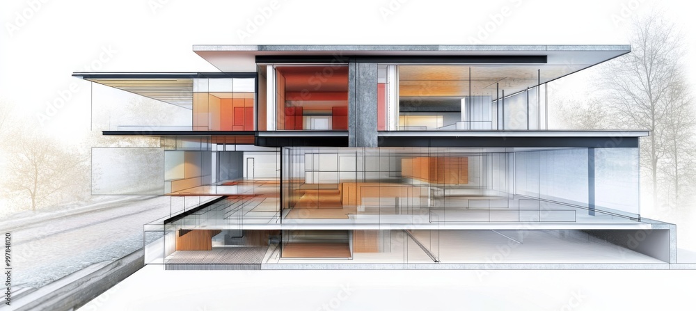 3D rendering modern building cross-section interior appears to Detailed ...
