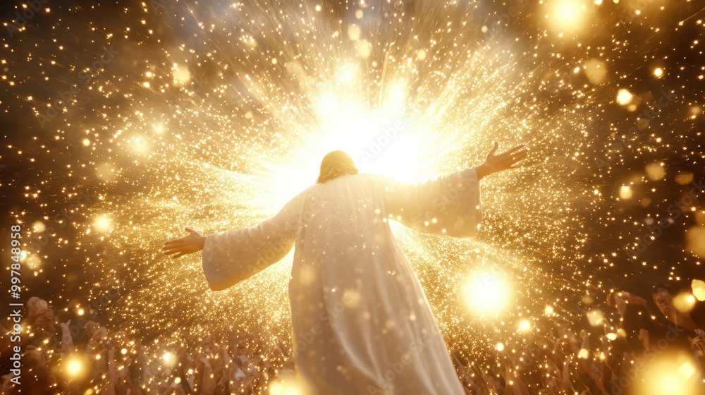 Animation of Jesus rising up to heaven in bright shining light, camera ...