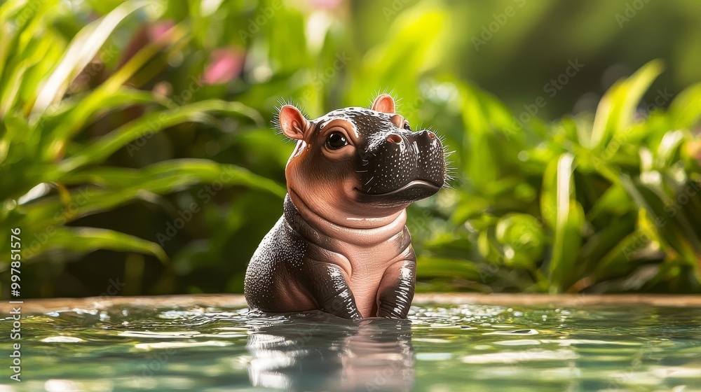 Baby pygmy hippopotamus sitting in a shallow pool, photorealistic ...