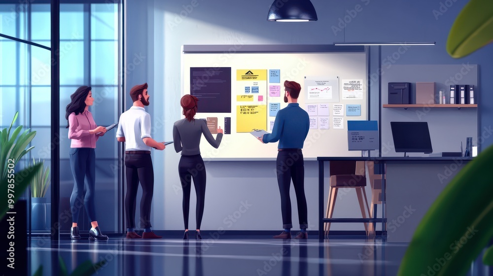 of an agile team engaged in a scrum stand up meeting discussing project ...