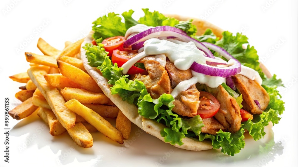 Extreme close-up of chicken shawarma mixed with fries, iceberg salad ...