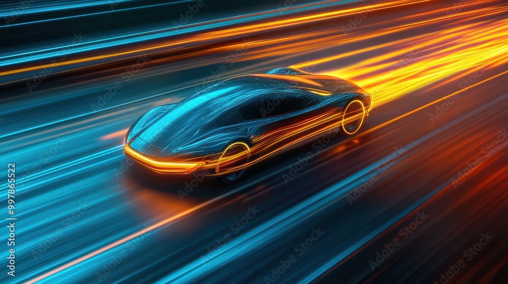 High-speed autonomous vehicle with dynamic light trails on a highway ...