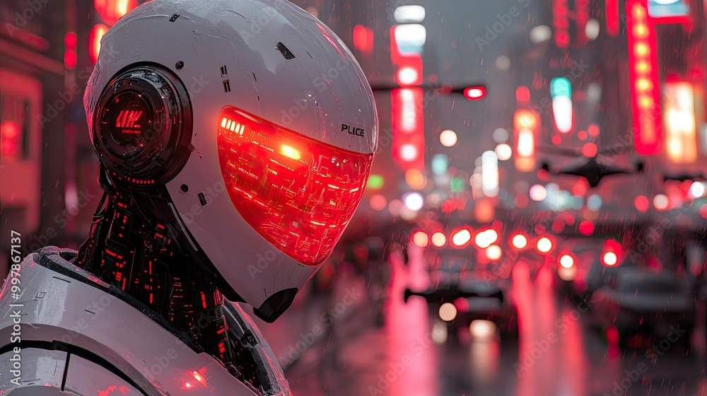 A highlyequipped Police monster robot patrolling a cyberpunk city at ...