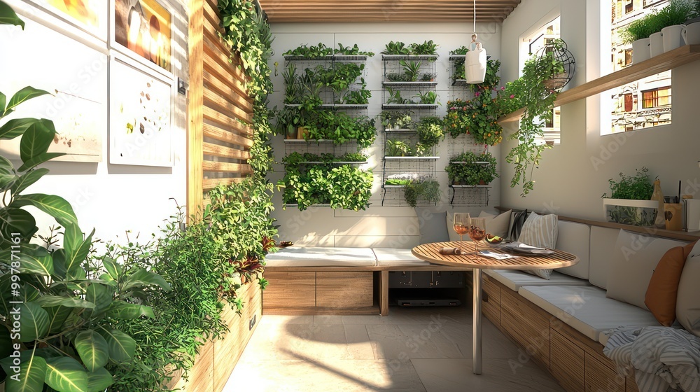 A small urban terrace with space-saving vertical gardens, a fold-down ...