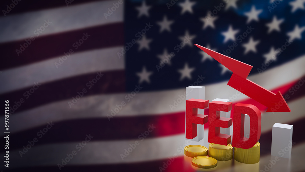 Poster The fed and coin arrow down on USA flag background 3d rendering ...