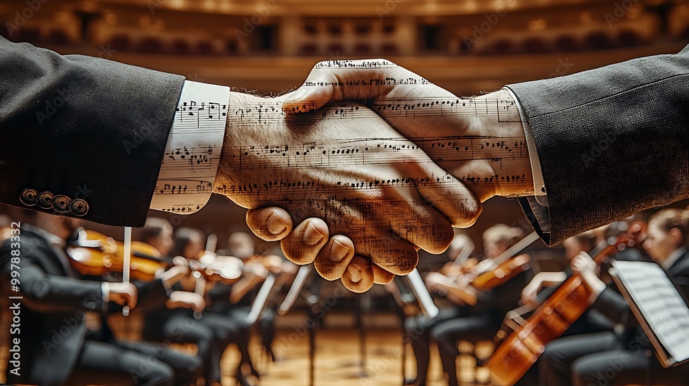 A double exposure graphic of a business handshake, overlaid with ...