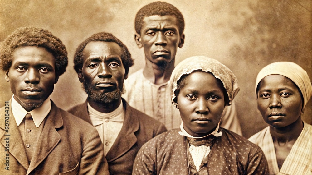 A worn, faded photograph from the 19th century depicts African ...