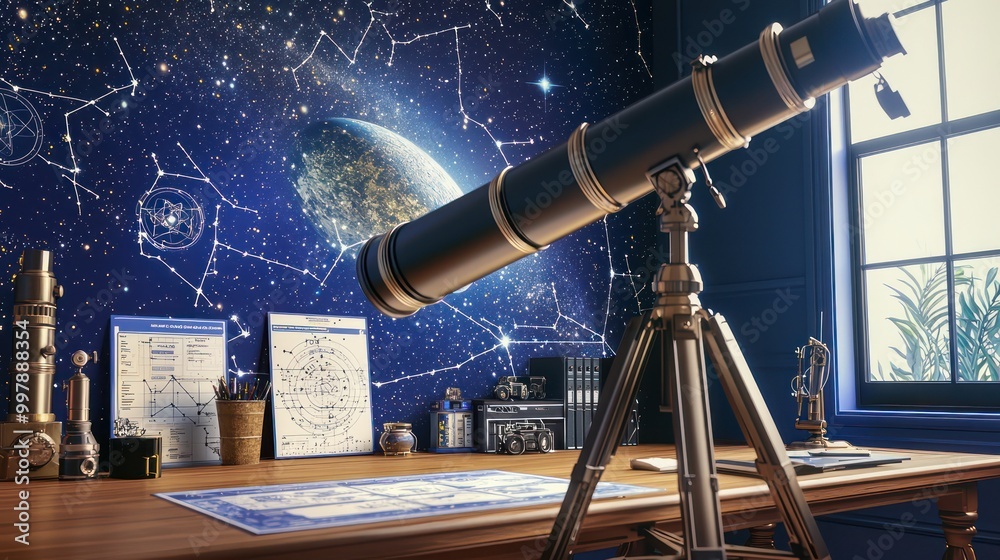 Home office with an astronomy theme, featuring a large telescope, star ...