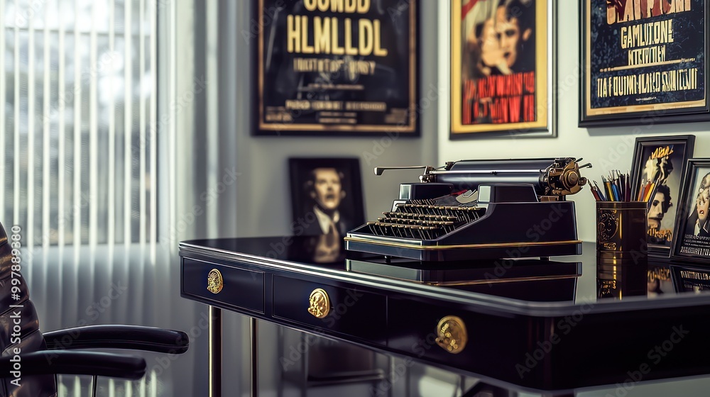 Home office with an old Hollywood glamour theme, featuring a glossy ...