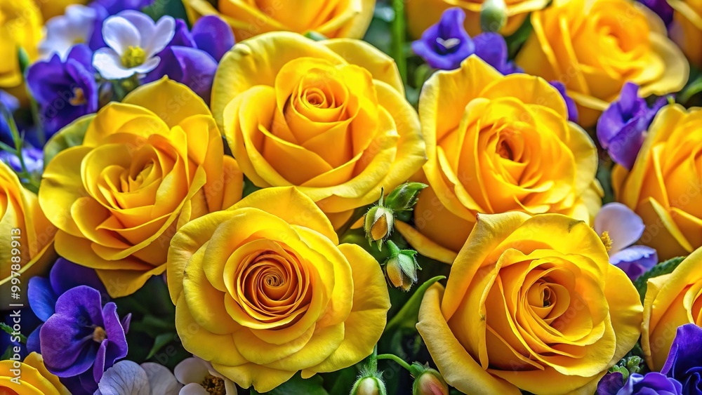 Beautiful arrangement of yellow roses and violets showcasing vibrant ...