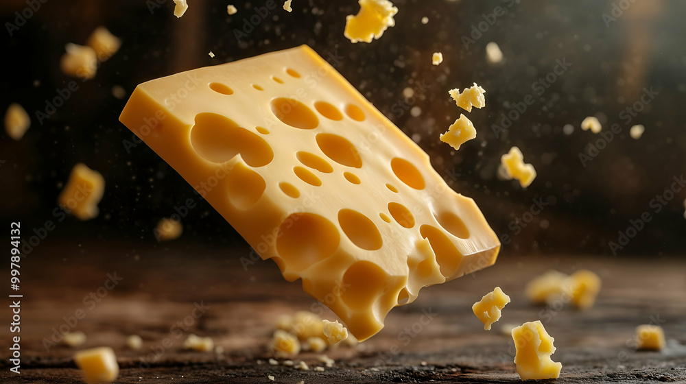 Swiss Cheese with Floating Crumbs and Airy Holes - A close-up of a ...