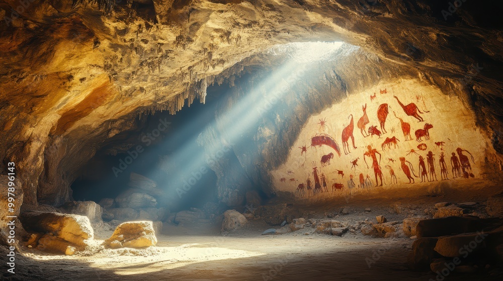 Ancient Cave with Prehistoric Paintings of Animals, Hunters, and ...