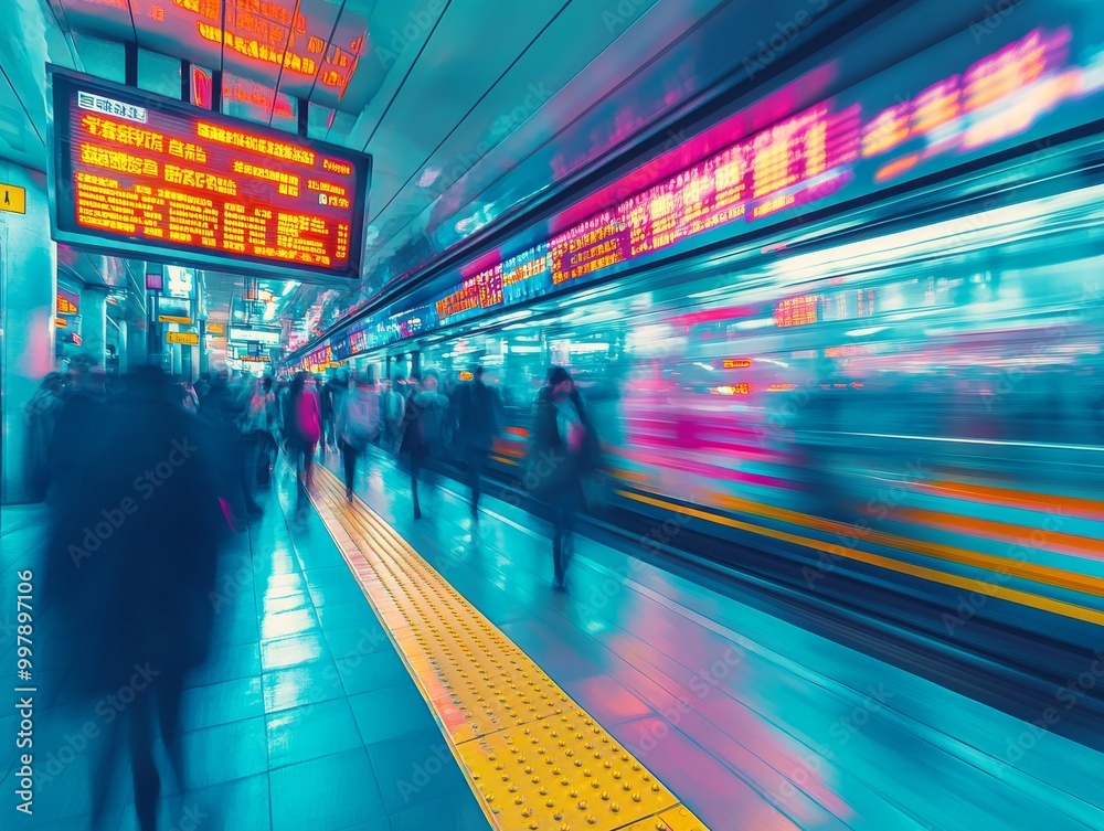 Commuters crowd a busy subway platform, creating a vibrant atmosphere ...