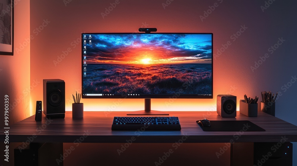 Home office with a minimalist tech theme, featuring a streamlined desk ...