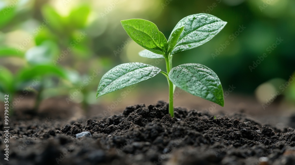 Growth, plant and seedling for bud in soil, bloom and nature for spring ...