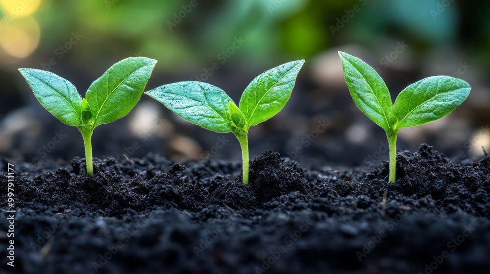 Growth, plant and seedling for bud in soil, bloom and nature for spring ...