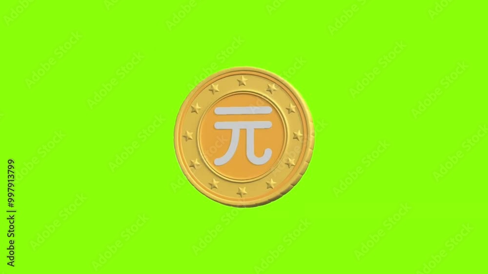 Yuan coin symbol 3D animated icon on green screen, Chinese currency ...