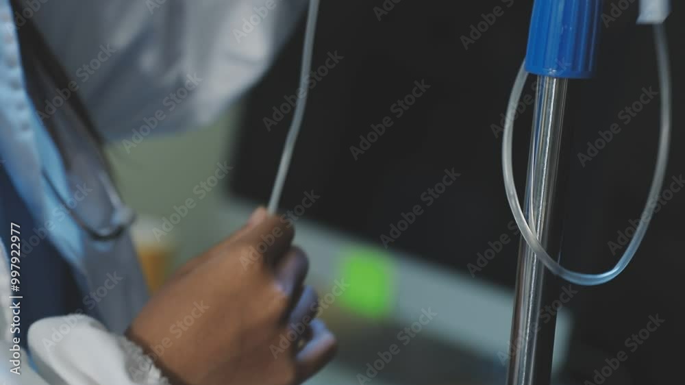 Woman doctor monitor Adjust the drip rate feed of saline dripping ...