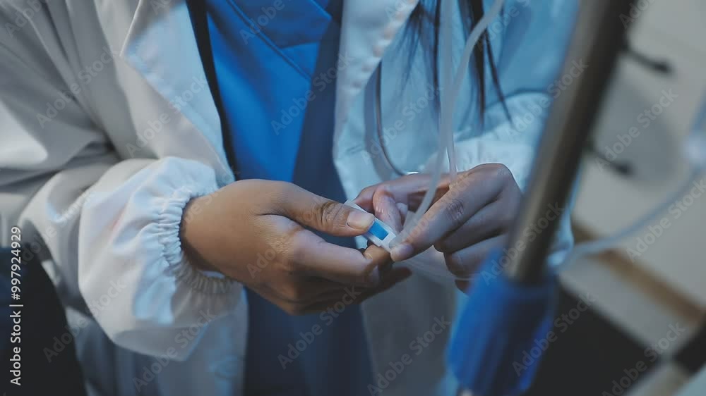 Woman doctor monitor Adjust the drip rate feed of saline dripping ...