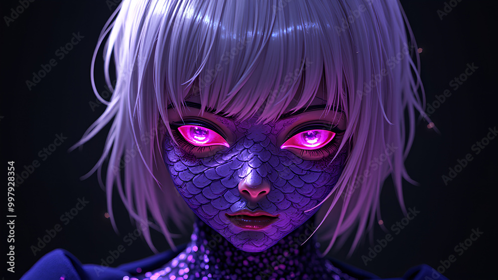 cyberpunk ultra realistic intricate scales, white hair glows purple ...