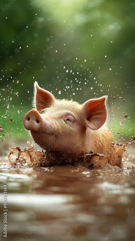 Charming pig splashing in a rain-soaked mud puddle, droplets on its fur ...