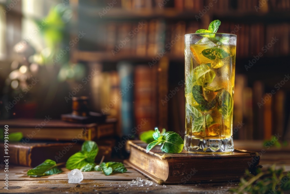 Mead mojito with mead and mint, served in a highball glass, medieval ...