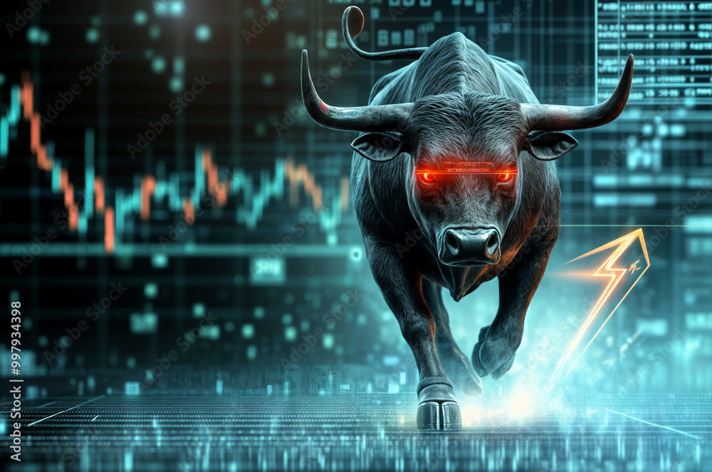 Bull market concept . Bull running in a stock market background with ...