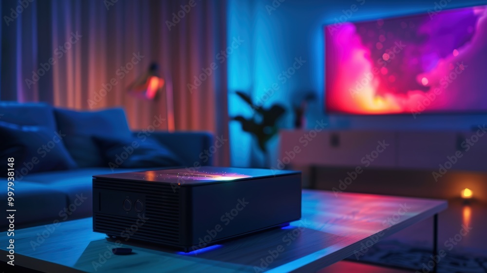 Home Theater Projector in Cozy Living Room: A sleek projector sits on a ...