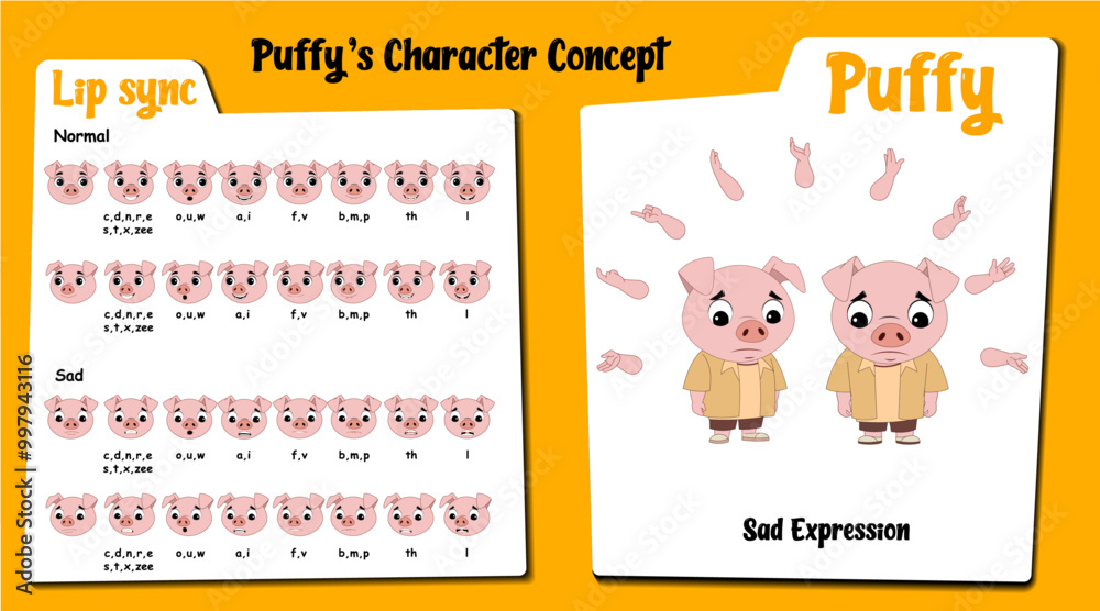 A sad pig cartoon character AKA Puffy. Little piggy cartoon vector. Sad ...