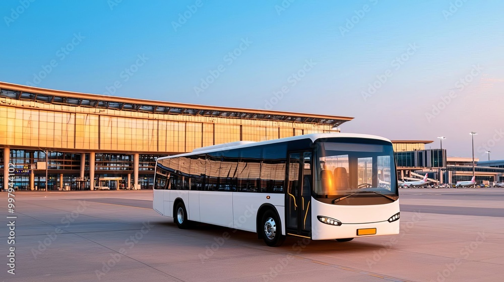 Airport transfer depicting a shuttle bus parked beside a modern airport ...