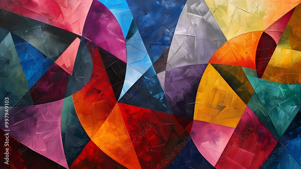 A modern art painting of geometric shapes and patterns in contrasting ...