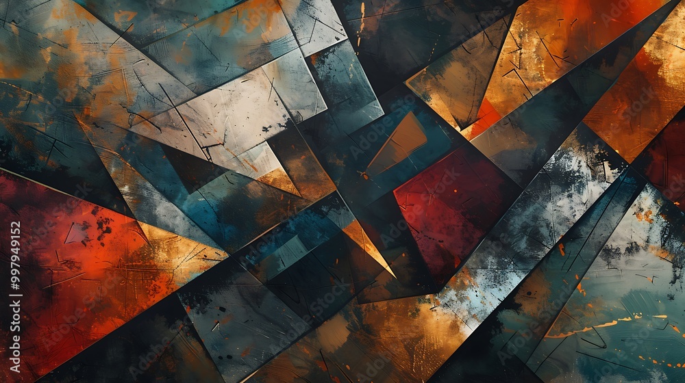 A modern art painting of geometric shapes and patterns in contrasting ...