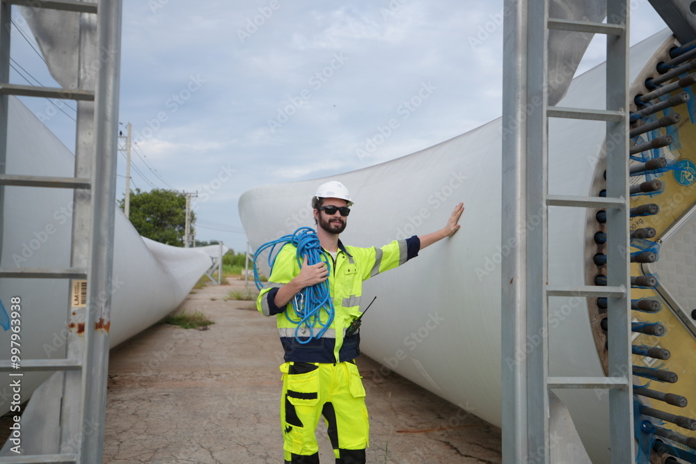 Windturbine inspector wearing Personal protective equipment working at ...