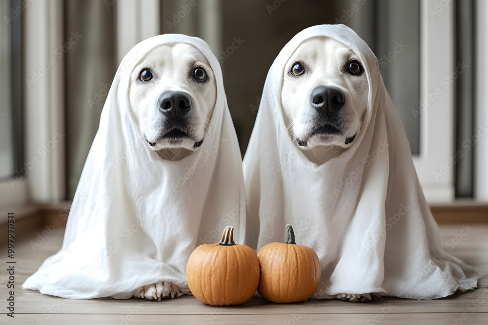 Two white Labrador dogs dressed as ghosts, sitting on the porch of ...