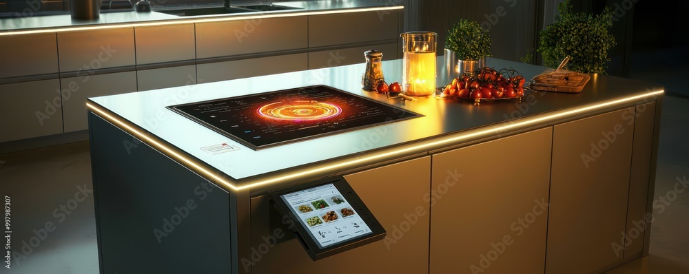 A smart kitchen island with an integrated induction cooktop that ...