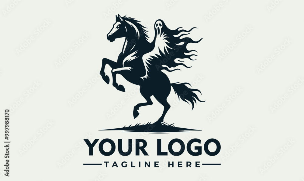 Ghost riding rearing horse with flames behind it vector logo halloween ...