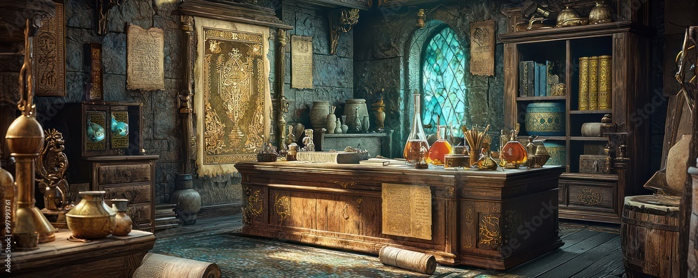 Home office with an alchemist's lab theme, featuring medieval artifacts ...