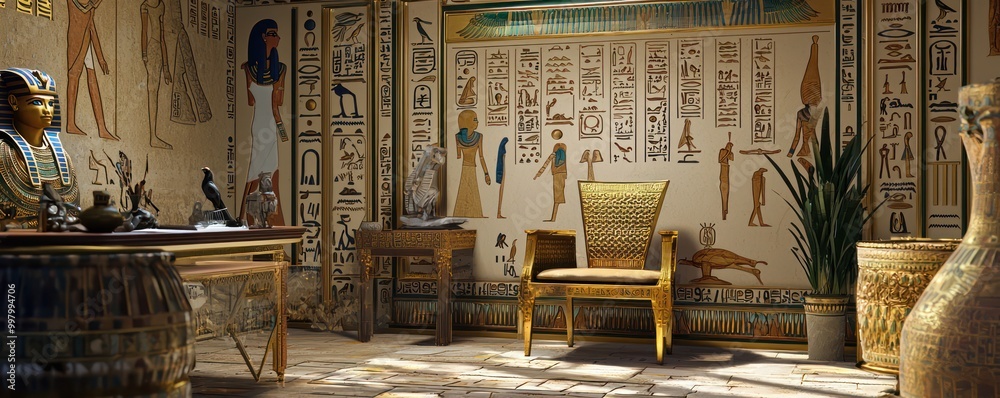 Home office with an ancient Egyptian theme, featuring hieroglyphic wall ...