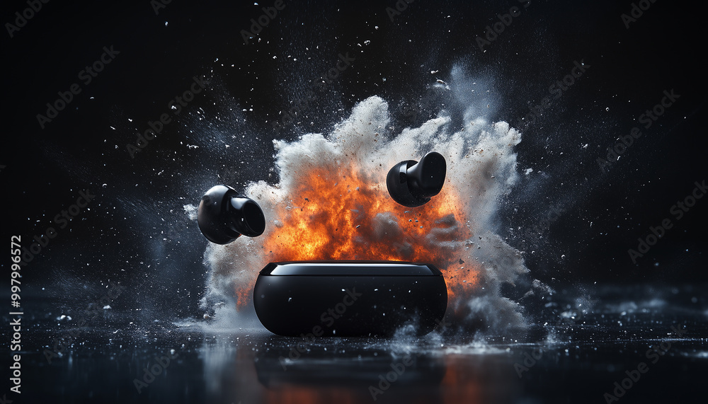 The headphones explode with a bright flash, flying shards and wires ...