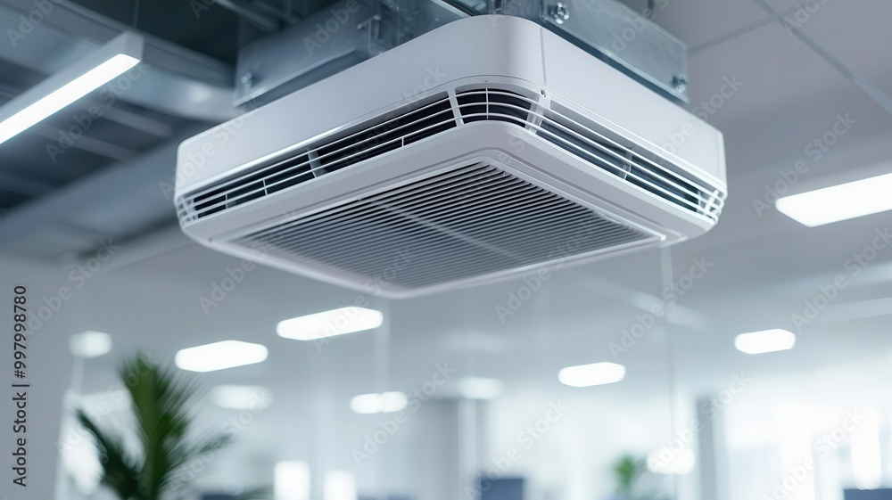 A modern ceiling-mounted air conditioning unit is shown in an office ...