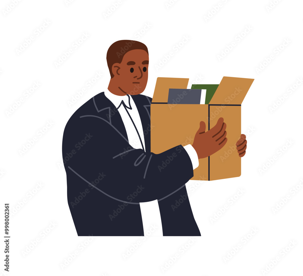 Fired office worker carrying box, leaving work after job loss ...