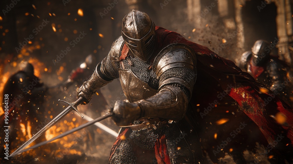 Knight in armor with sword, fierce battle scene, dynamic action. Stock ...